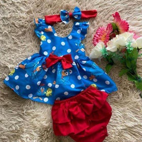 Conjunto Menina Bebê Carinho Galinha Pintadinha Azul +Laço de Cabelo ...