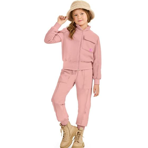 Conjunto Menina Jaqueta e Calça em Tweed e Moletom Felpado Rosê ...