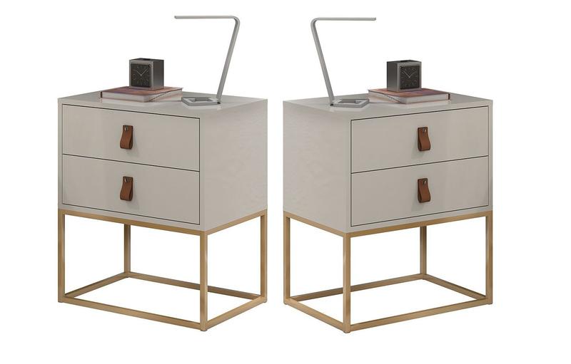 Conjunto Mesa De Cabeceira Industrial Com Puxadores De Couro 2 Gavetas ...