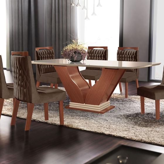 Conjunto Mesa Safira para Sala de Jantar com Tampo de Vidro e 06 Cadeiras Atena Prêmio/Pena ...