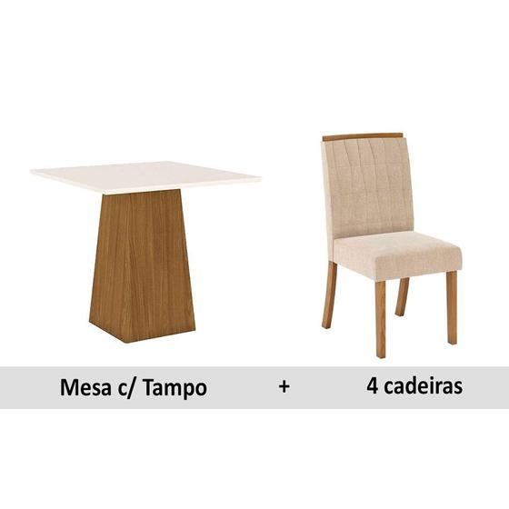 Conjunto: Mesa Sala Jantar Dora Tampo Madeirado 90cm Canto Reto + 4 Cadeiras Tauá Nature/Linho ...