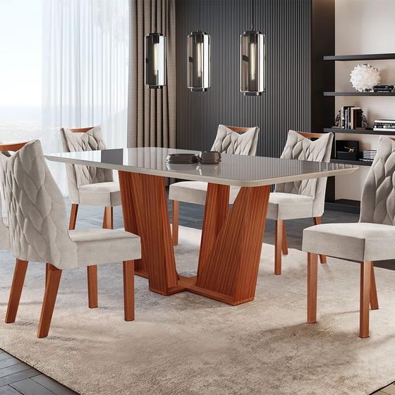 Conjunto Mesa Veneza para Sala de Jantar com Tampo de Vidro e 06 Cadeiras Delta Prêmio/Pena Bege ...