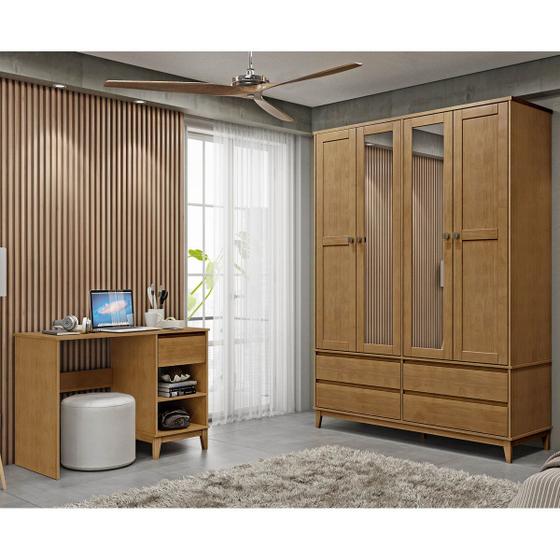 Conjunto Prata Off White/Freijó Guarda-Roupa Casal 4 Portas Espelho ...