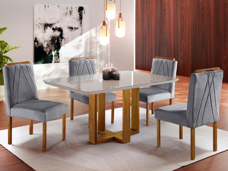 Conjunto Sala de Jantar 4 Lugares Lisboa Madeira Maciça Tampo Com Vidro ...