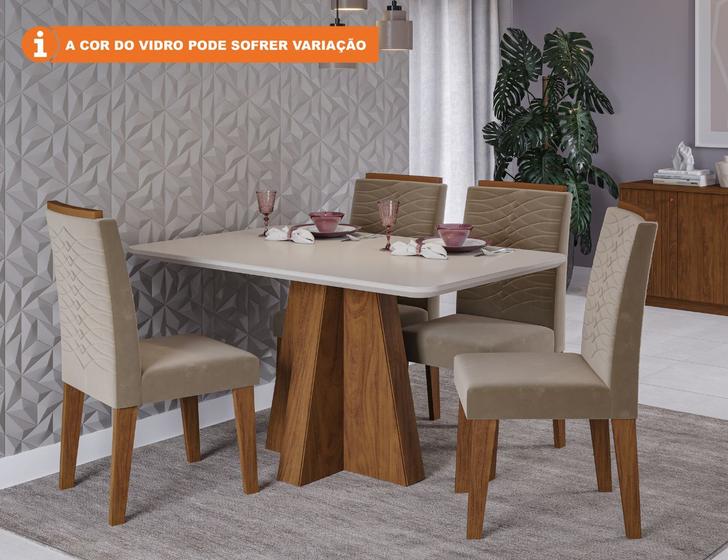 Conjunto Sala de Jantar Maitê 130X80 Tampo em Vidro/MDF 4 Cadeiras Clarice Cimol Savana/Off ...