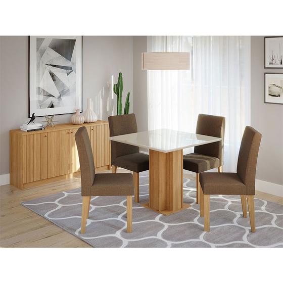 Conjunto Sala de Jantar Mesa Sophia Tampo MDF/VIDRO com 4 Cadeiras Maia Cimol Nature/Off White ...