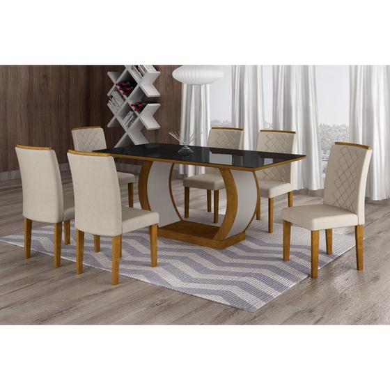 Conjunto Sala de Jantar Mesa Tampo MDF/Vidro 180cm 6 Cadeiras Luanda Rufato Imbuia/Preto/Veludo ...