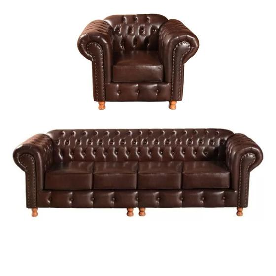 Conjunto Sofá 4 Lugares e Poltrona Chesterfield Luís XV Vintage Retrô Capitonê Couro Marrom ...