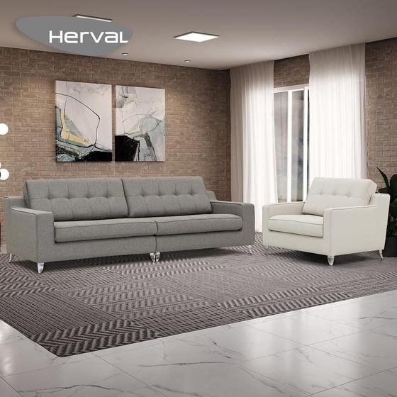 Conjunto Sofá 4 Lugares e Poltrona Herval Cross, Linho Cinza e Cru - Sofá 5 Lugares - Magazine Luiza