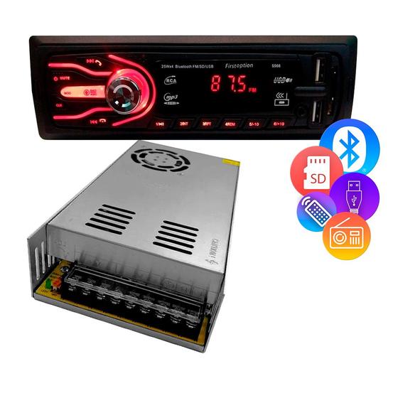 Conjunto Toca Som Rádio MP3 Automotivo LED USB SD AUX Bluetooth + Fonte ...