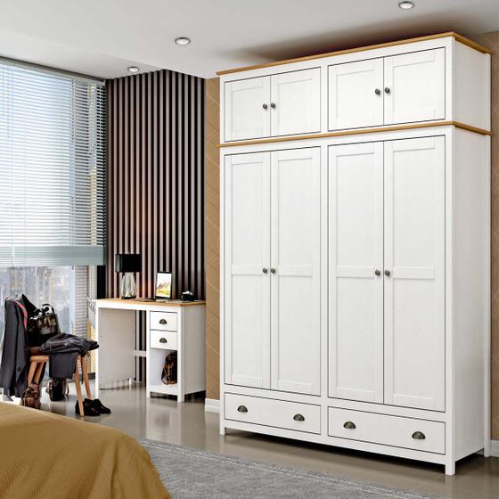 Conjunto Topázio Branco/Carvalho Guarda-Roupa Casal 4 Portas com ...