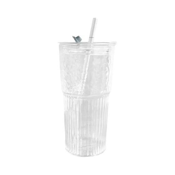 Copo De Vidro Transparente Listrado De 600ml Com Tampa E Canudo Para ...