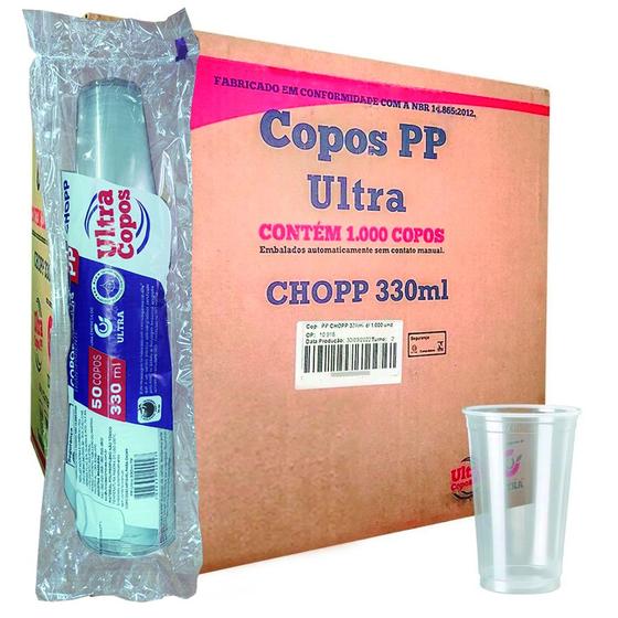 Copo descartável 300ml 330ml chopp pp liso plástico caixa com 1000 unidades - ULTRA - Copo ...