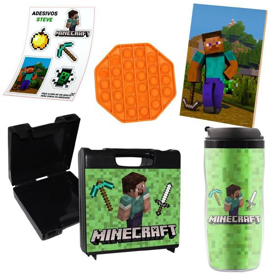 Copo Minecraft Lancheira e Adesivos Bloco de Montar Pop It - Geeks ...