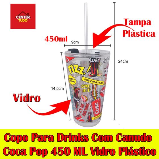 Copo Para Drinks Com Canudo Coca Pop 450 Ml Vidro Plástico - Coca Cola ...
