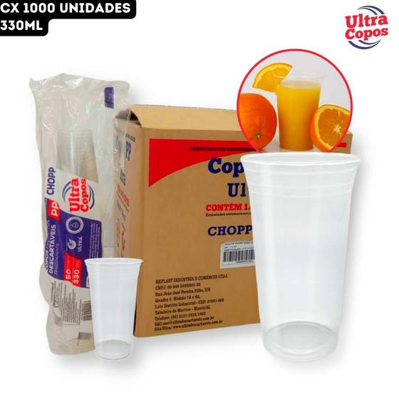 Copo Plástico Descartável Transparente Liso Suco Chopp Ultra Copos - 330ml - CX 1000 Unidades ...