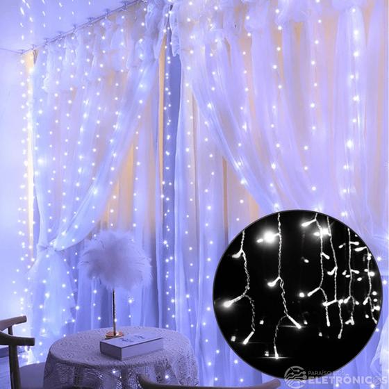 Cortina de Led Iluminada Para Decoração 320 Luzes Branco Frio 8 Efeitos ...