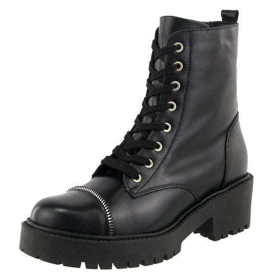 Coturno Bota Feminina em Couro Legitimo Com Cadarço Cano Alto e Ziper ...