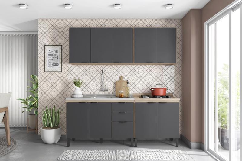 Cozinha Compacta Firenze 04 Peças 10 Portas 02 Gavetas Avena/Grafito ...
