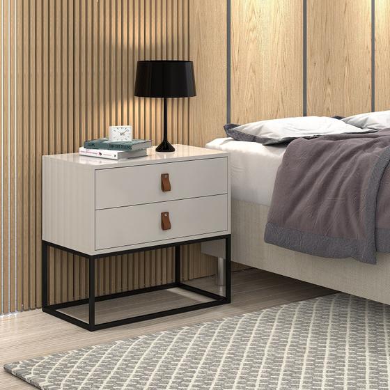 Criado Off White Estilo Industrial Com Puxadores De Couro - Abra Móveis ...