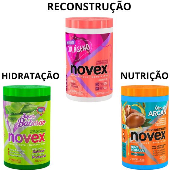 Cronograma Capilar Novex Super Babosão, Óleo de Argan, Colágeno 400g cada - Máscara Capilar ...