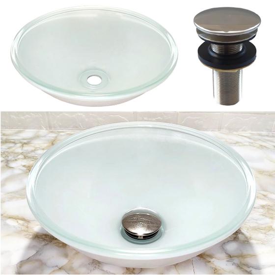 Cuba De Vidro Branca 35cm Para Banheiro E Valvula Click 7/8 Inox Ralo ...