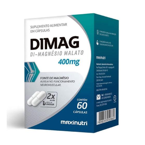 Dimag Di- Magnésio Malato Suplemento Alimentar 400mg com 60 Cápsulas - Maxinutri - Cloreto de ...