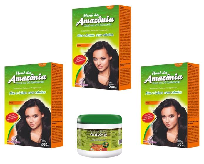 Divina Dama Preto Natural Hene em Po Amazonia 03x200gr + Creme Incolor ...