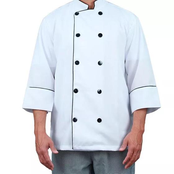 Dolma branca com friso e botão preto p unissex chef jaleco cozinha ...
