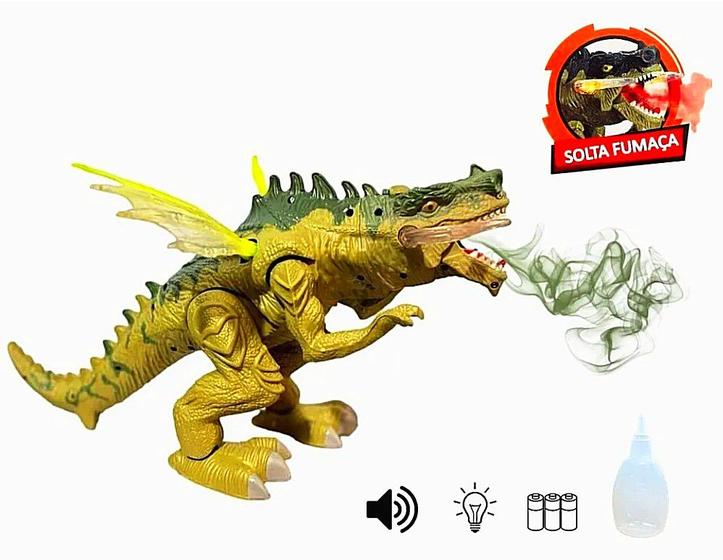 Dragão De Brinquedo Dinossauro Com Xifre Anda Solta Fumaça Emite Som E