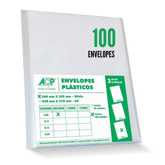 Envelope Plástico Ofício 4 Furos 100 unidades Fino 0,06 ACP Ideal para ...