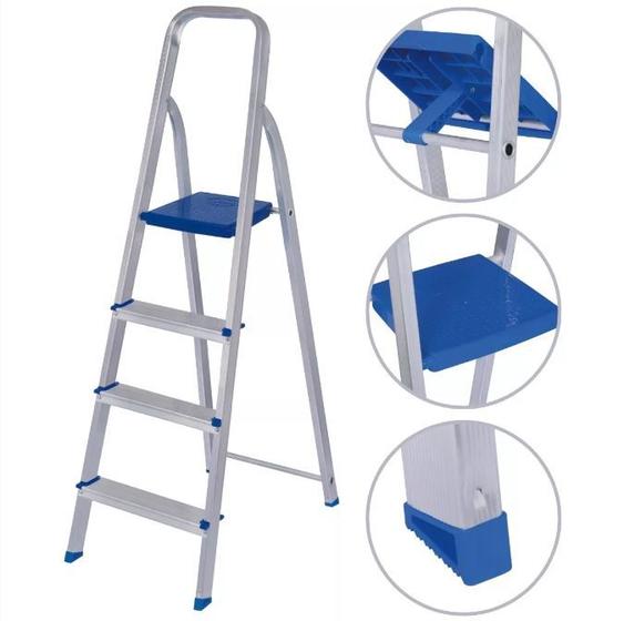 Escada 4 Degraus de alumínio tesoura Real Escadas prateadA/azul - ALB ...