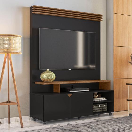 Estante Home Berlim Preto Fosco/Madero Canela para TV até 55 Polegadas 02 Portas Prateleiras e ...