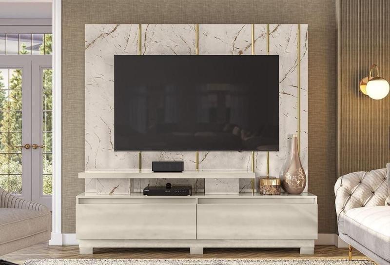 Estante Home Theater Para TV 75 Polegadas 2 Gavetas Apolo Calacata/Off ...