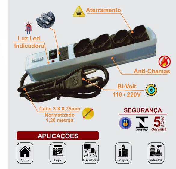 extensão filtro de linha 4 tomadas - 1,2 metros com fusível - ecostik - Filtro de Linha ...