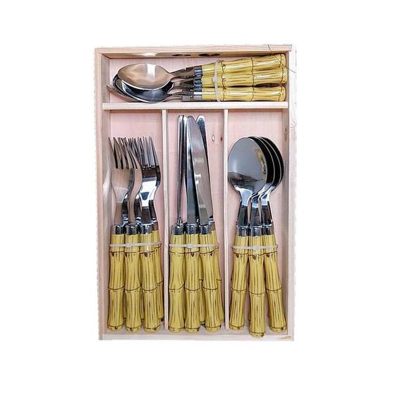 Faqueiro 24 Peças Aço Inox Cabo Plástico e Estojo Bambu Lyor ...