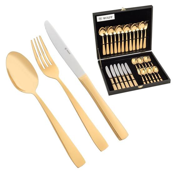 Faqueiro 30 peças pisa dourado em inox com estojo madeira - Wolff ...