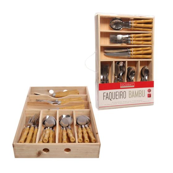 Faqueiro 42 Pçs Bambu Aço Inox Com Porta Talheres Madeira - Hauskraft ...