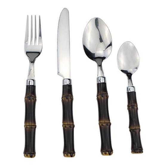 Faqueiro Bambu com 24 pecas em aço inox com cabo estilo bambu escuro ...