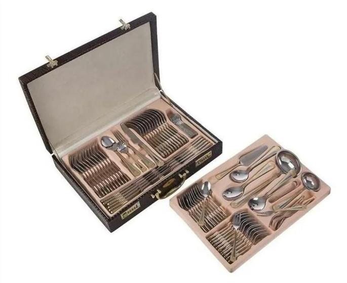 Faqueiro Inox 84 Peças Detalhe Dourado Luxo - Alemã - Faqueiros ...