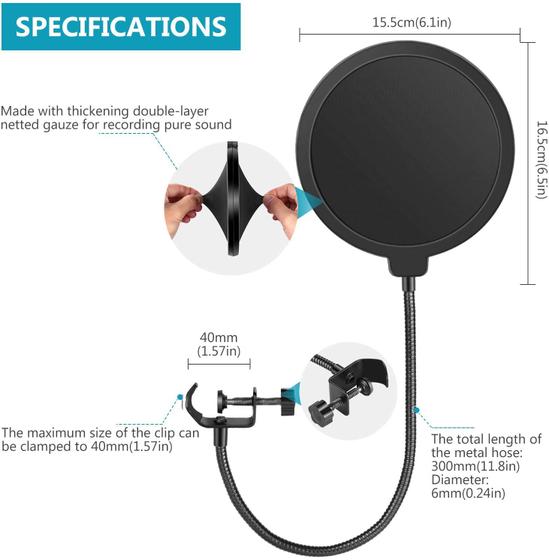 Filtro anti-ruído microfone espuma pop filter articulado - Online - Pop ...
