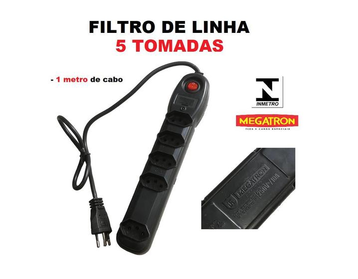 Filtro de Linha Bivolt Extensão 5 tomadas Preto Reguá Elétrica Certificado - Megatron - Filtro ...