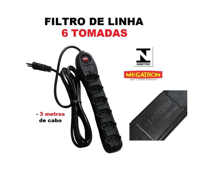 Filtro de Linha Bivolt Extensão 6 tomadas Preto Reguá Elétrica Certificado - Megatron - Filtro ...