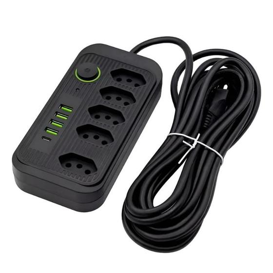 Filtro De Linha Extensão Elétrica Cabo Extensor 2 Metros 5 Tomadas + 4 USB E 1 USB Tipo C 110/ ...