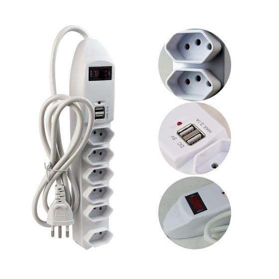 Filtro de Linha Extensão Elétrica KNUP 6 Tomadas C/ 2 Porta USB Branco Bivolt 1,5 METROS Fusível ...