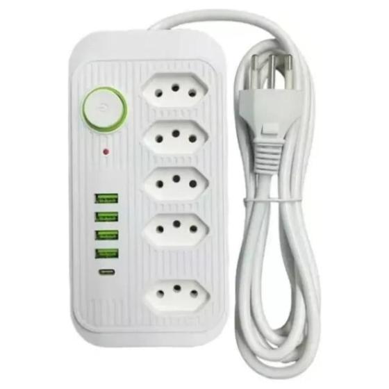 Filtro de Linha, Extensão Régua Tomada com 5 Tomadas, 4 USB e 1 USB-c, Cabo de 2 Metros, Bivolt ...