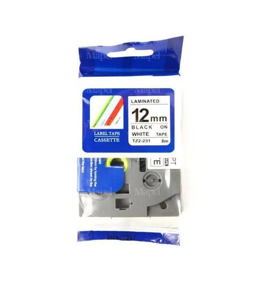 Fita laminada TZ2-231 Brother preto sobre branco 12mm x 8m cpt ...