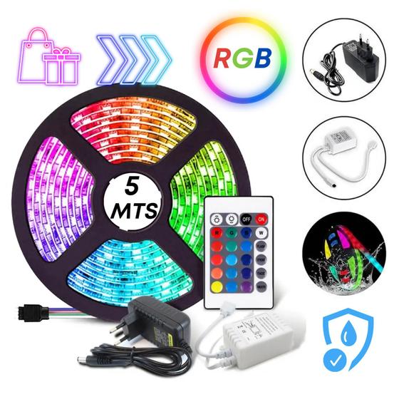 Fita Led Rgb Colorida Com Cola Kit Completo Com Fonte Controle Bivolt ...