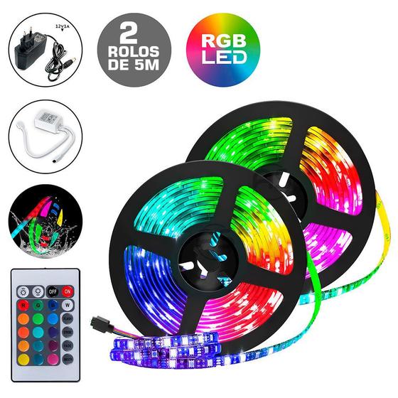 Fita Super LED Rgb 10m 5050 Colorida Kit Com Controle e Fonte - As ...