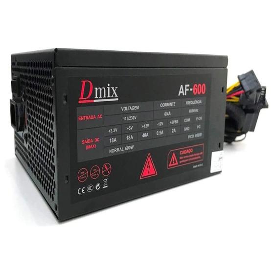 Fonte Para Pc Gamer Atx 600w Reais Super Silenciosa Bivolt Dmix AF-600 ...